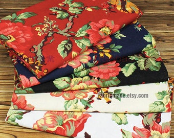 Bright Flower Linen Fabric Large Red Camellia In Red Blue | Etsy