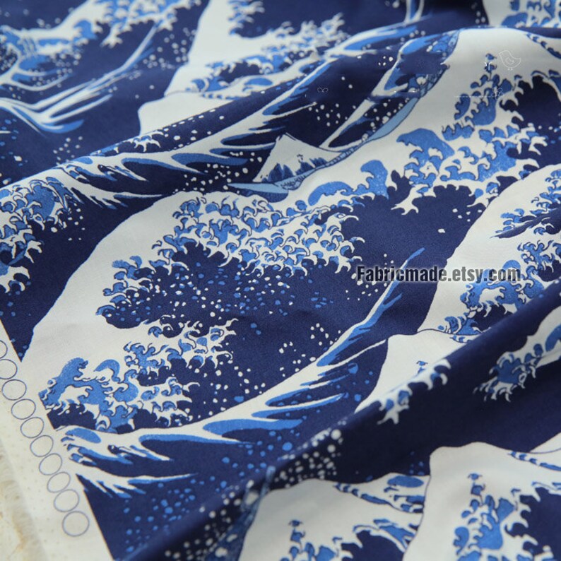 Cotton Fabric White Blue Sea Wave Hokusais Wave 1/2 yard | Etsy