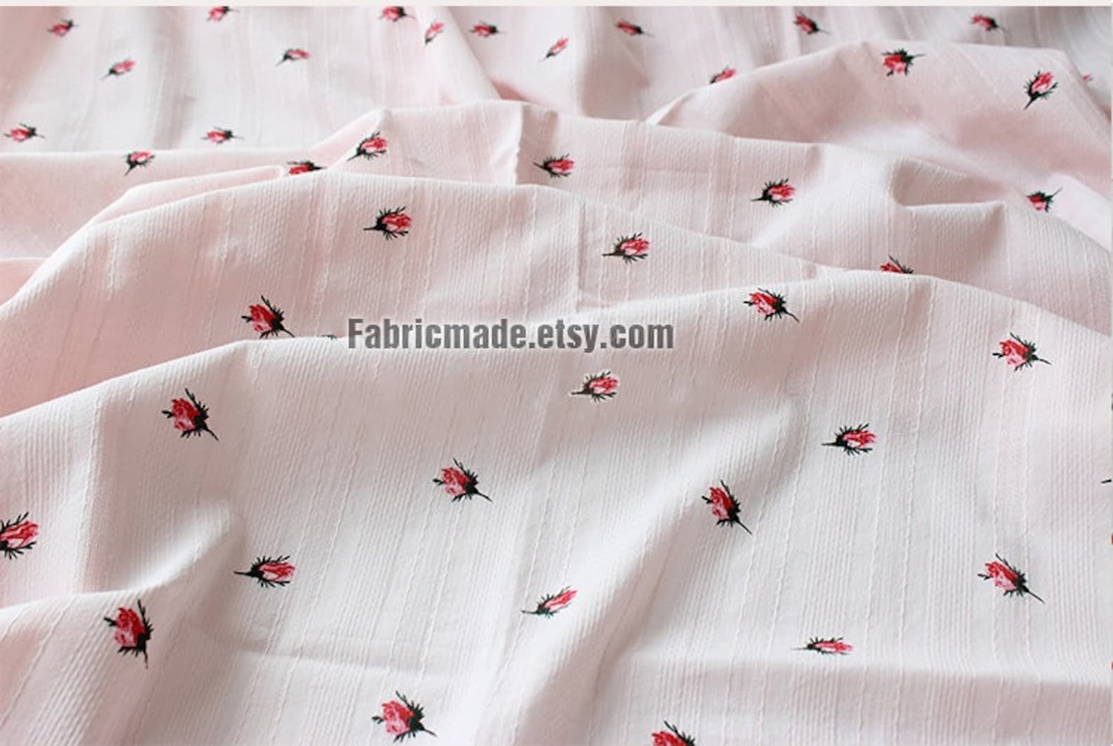 Red Rose Bud Cotton Fabric Jacquard Stripes in White Blue Pink - Etsy