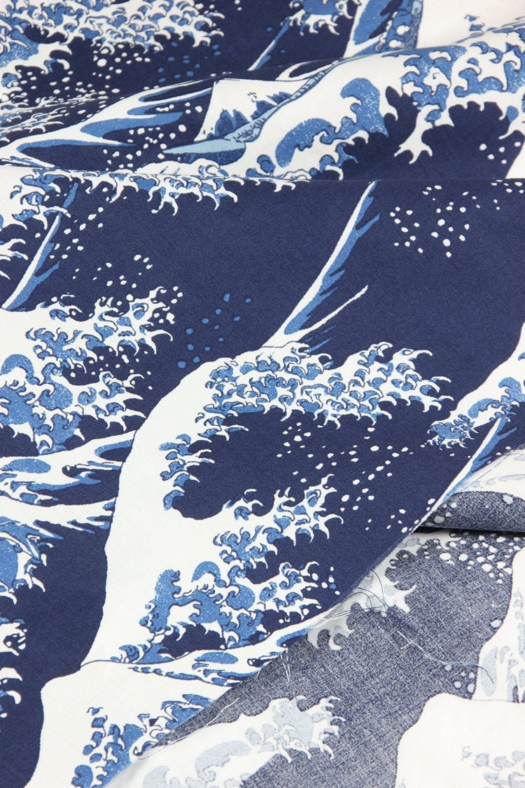 Cotton Fabric White Blue Sea Wave Hokusais Wave 1/2 Yard | Etsy