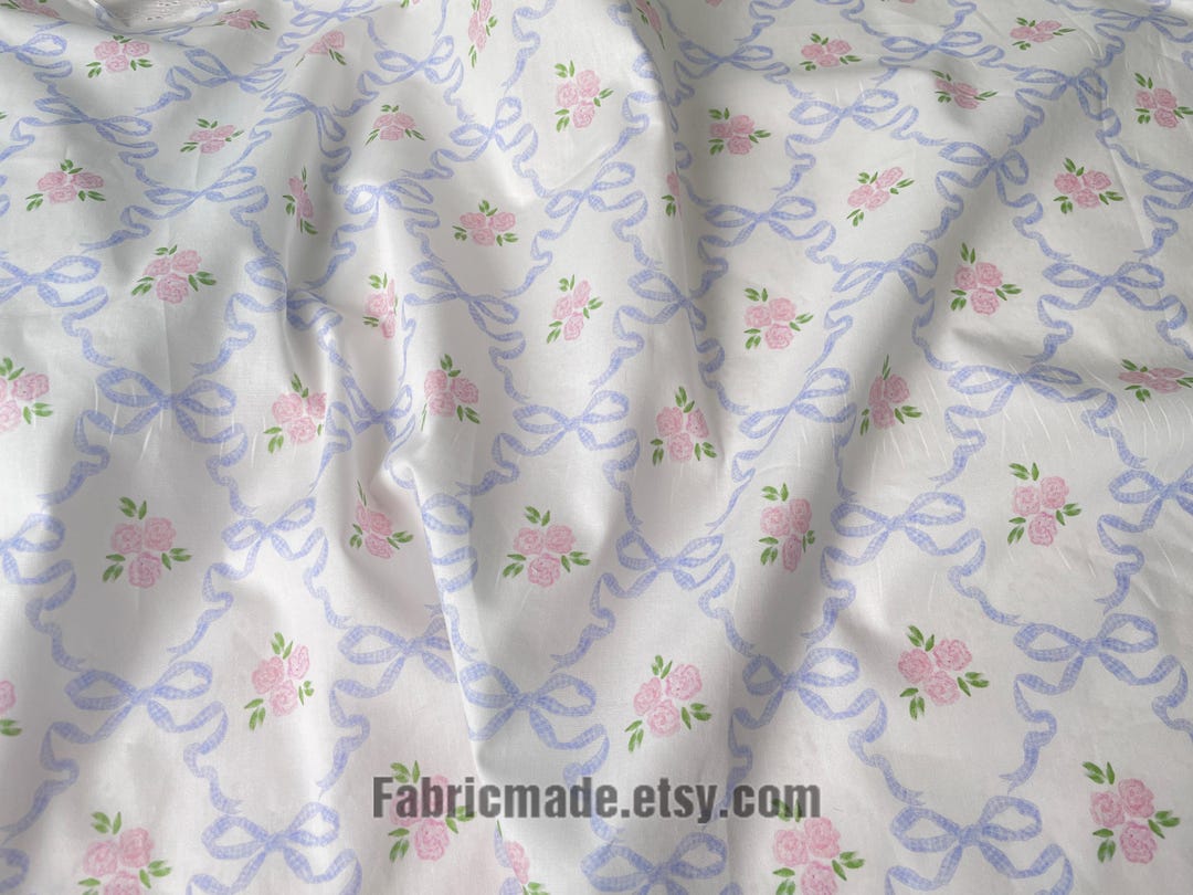 Pale Blue Bow Pink Rose Floral Cotton Fabric for Patchwork Dress - 1/2 ...