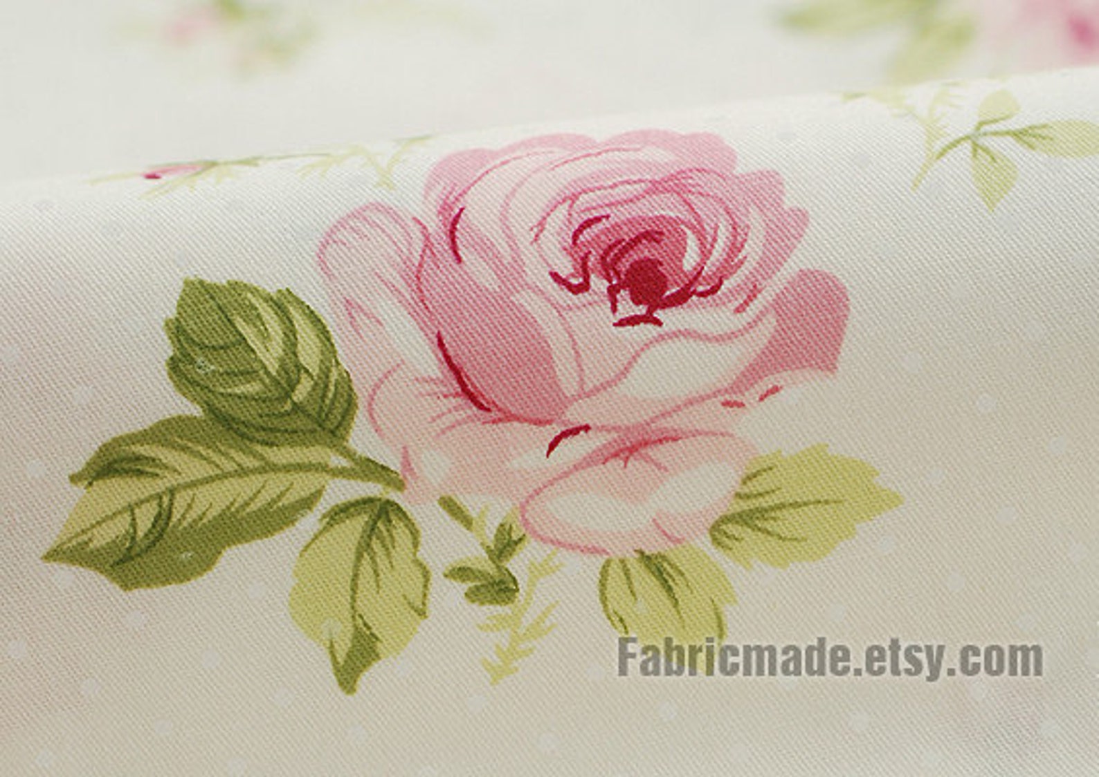 Large Rose Cotton Fabric Pink Rose Dots on off White Background Shabby ...