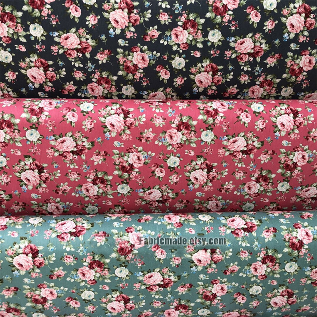Pink Rose Floral Cotton Fabric on Red Black for Garment Cushion ...