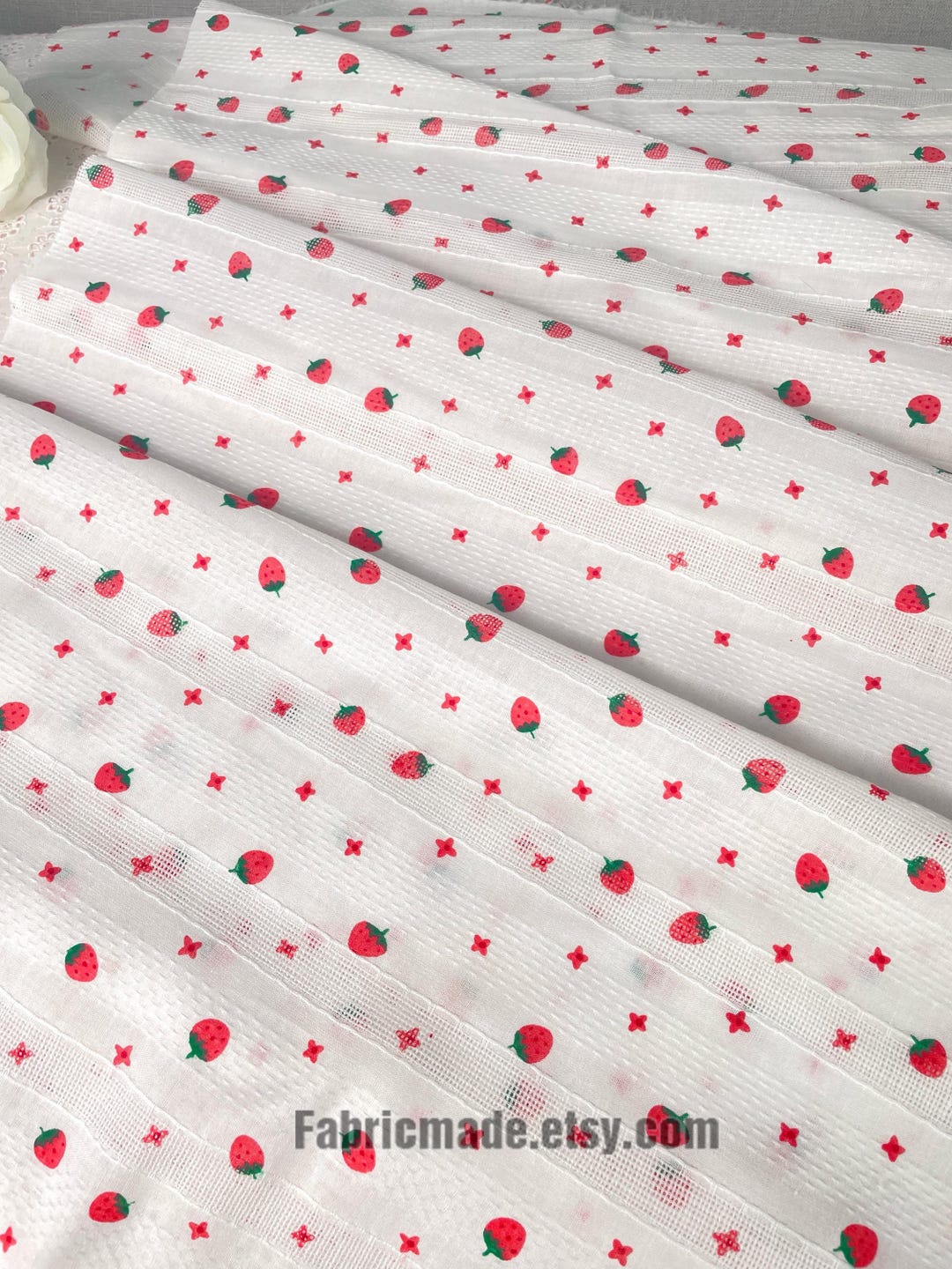 Little Red Strawberry Fabric on White Cotton Jacquard Weave Stripes- 1/ ...