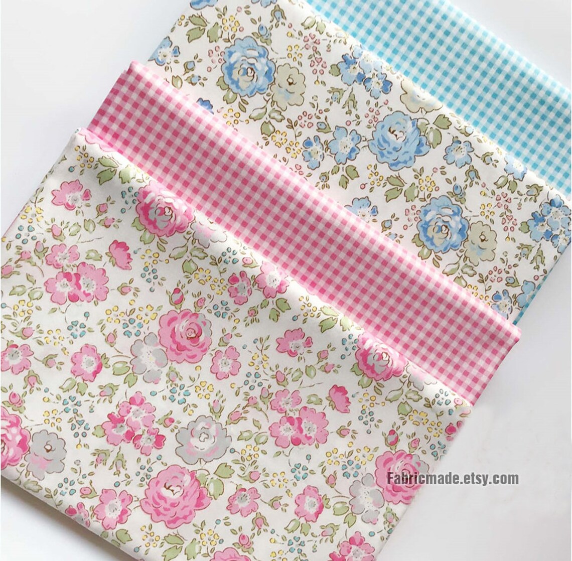 Rose Cotton Fabric Pink Blue Rose Plaid Shabby Chic Fabric Cotton- 1/2 ...