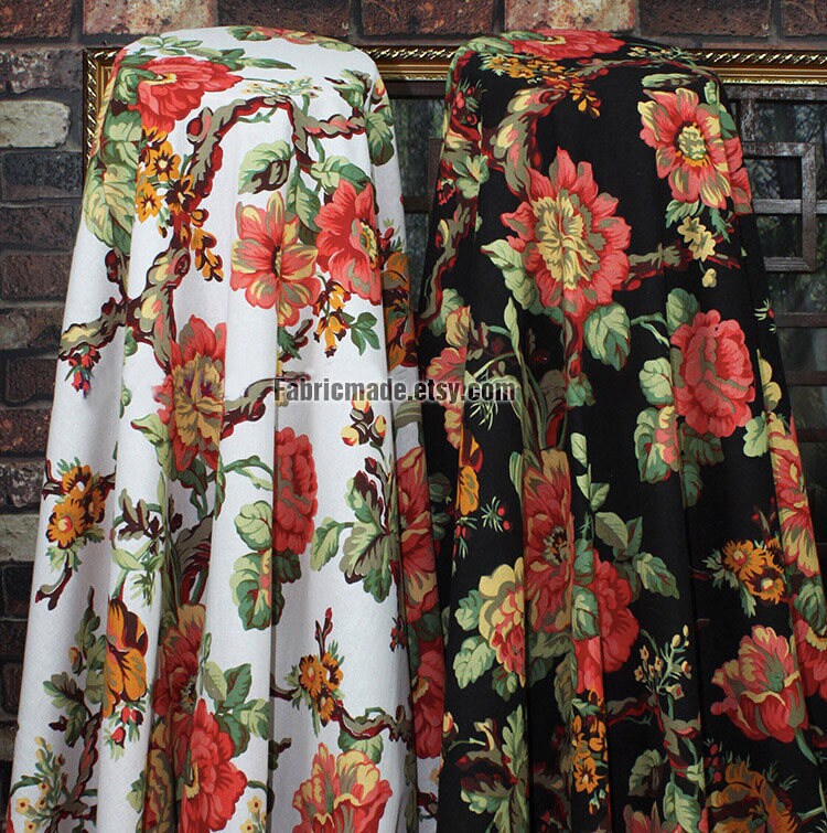 Bright Flower Linen Fabric Large Red Camellia in Red Blue | Etsy