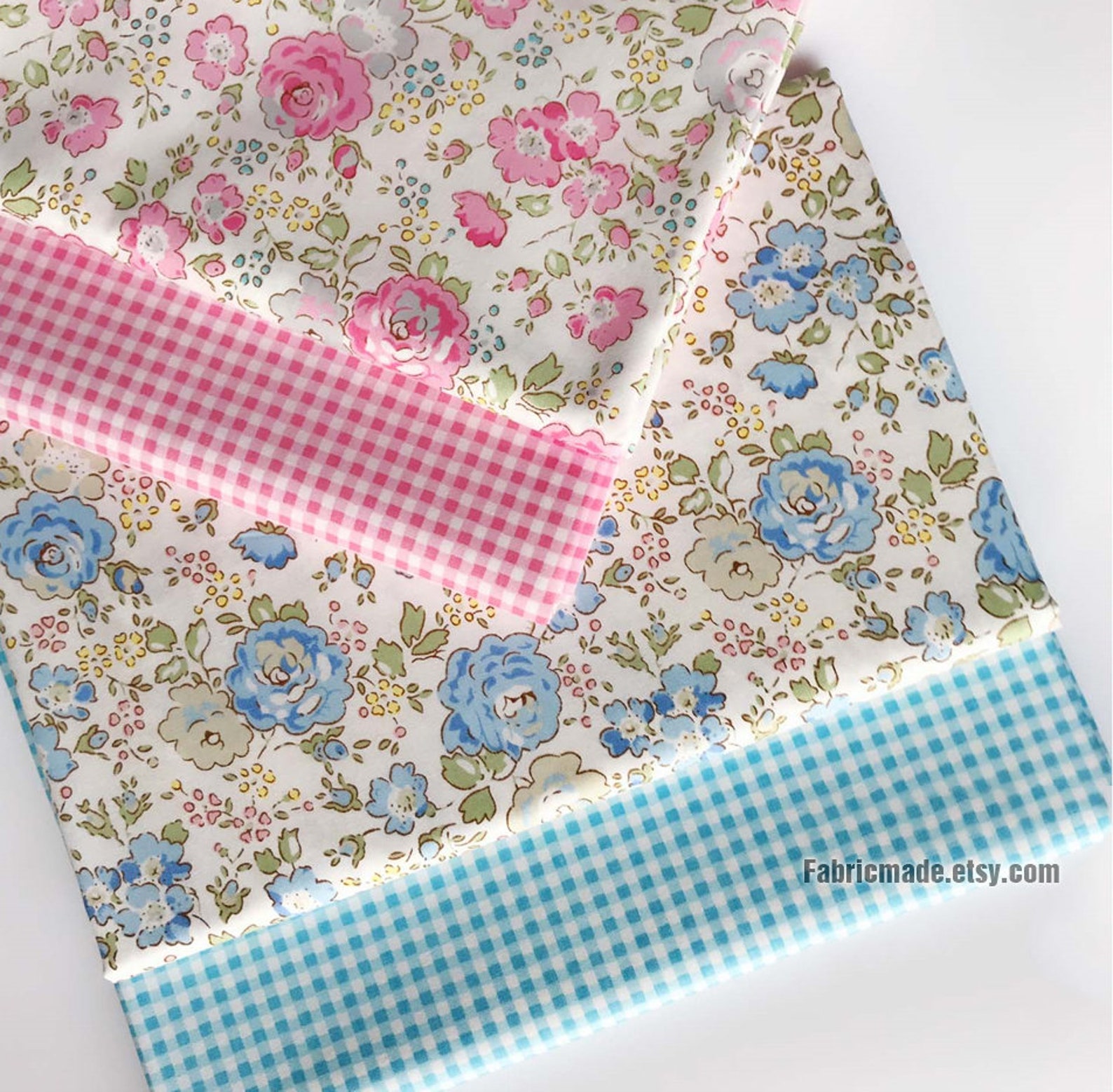 Rose Cotton Fabric Pink Blue Rose Plaid Shabby Chic Fabric Cotton- 1/2 ...