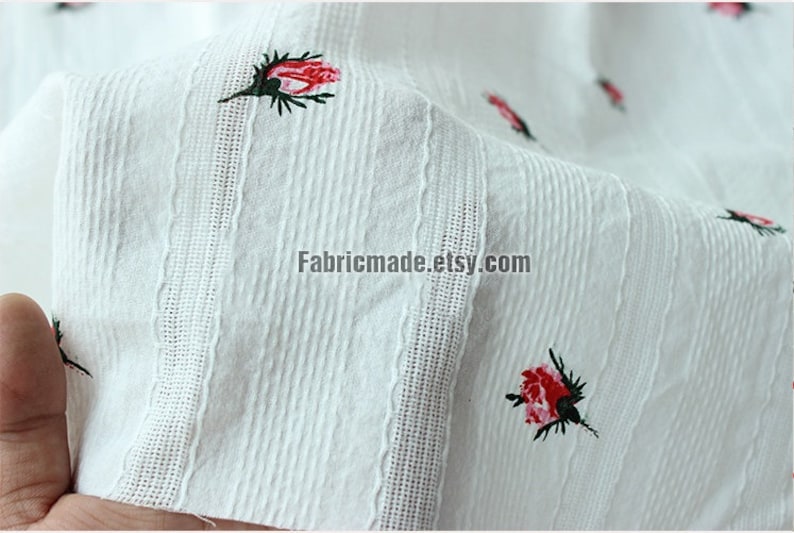 Red Rose Bud Cotton Fabric Jacquard Stripes in White Blue Pink - Etsy