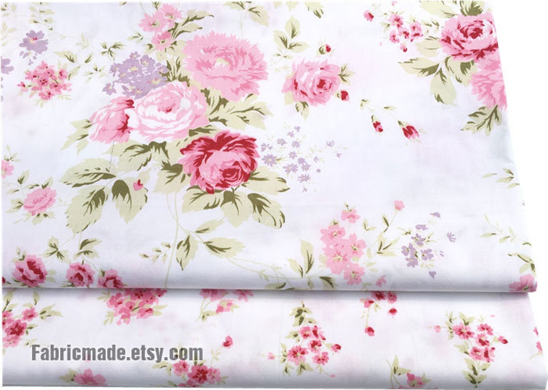 Shabby Chic Pink Rose Floral Cotton Fabric on White Cotton Pink Flower ...