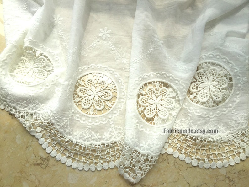 White Cotton Eyelet Border Fabric, Lace Border Cotton Fabric ...