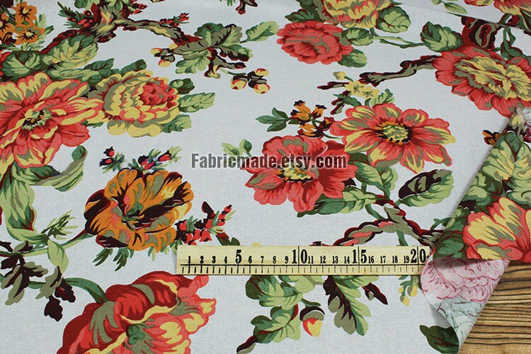 Bright Flower Linen Fabric Large Red Camellia in Red Blue | Etsy