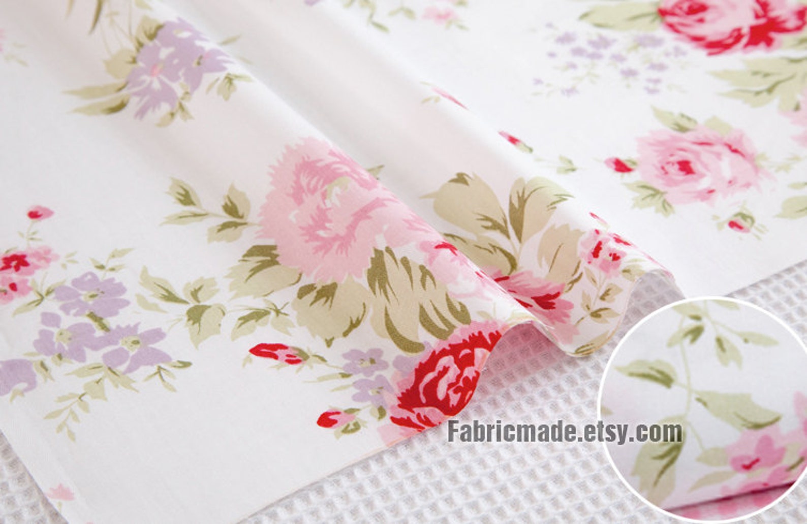 Shabby Chic Pink Rose Floral Cotton Fabric on White Cotton - Etsy