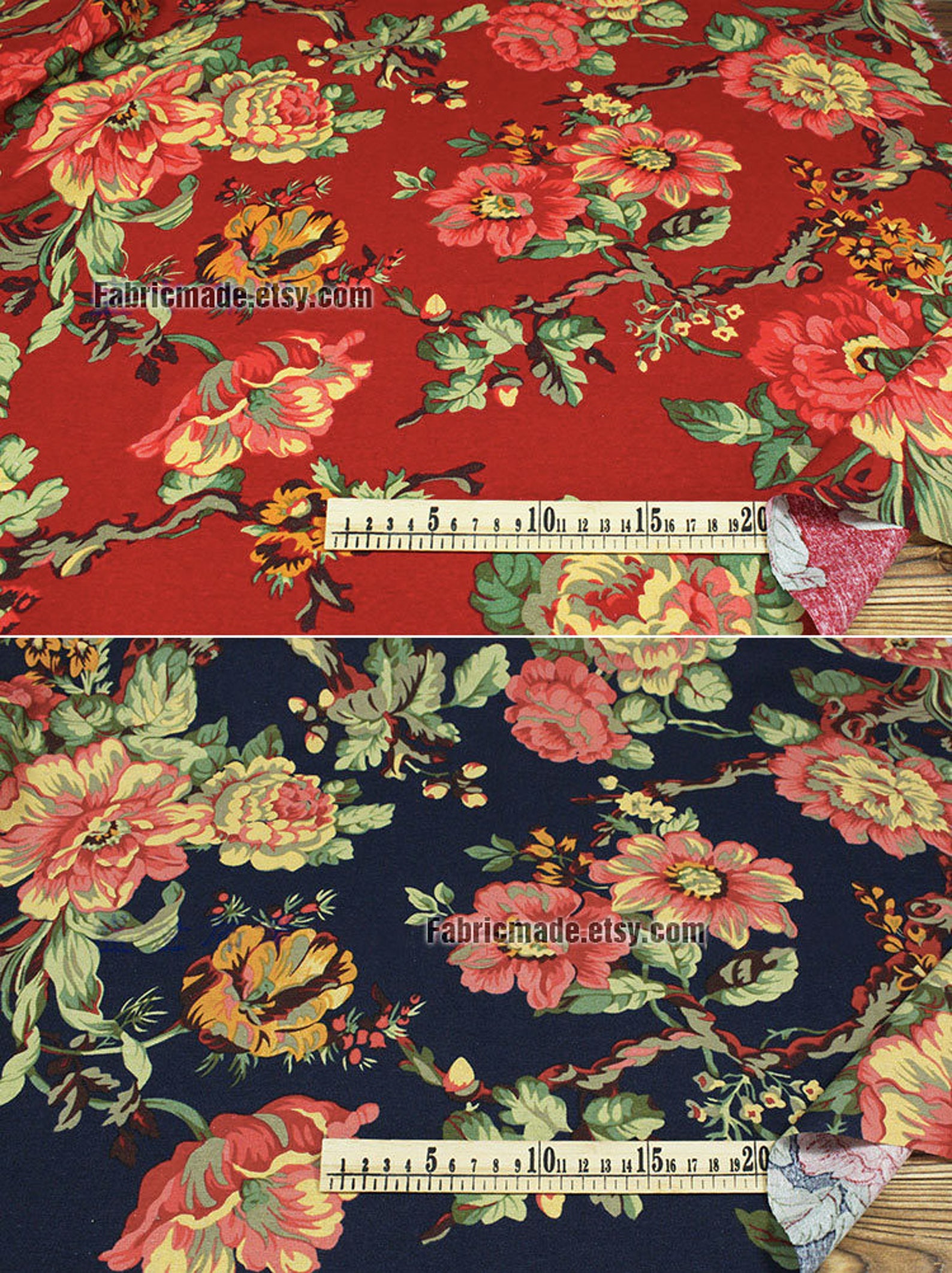 Bright Flower Linen Fabric Large Red Camellia in Red Blue | Etsy