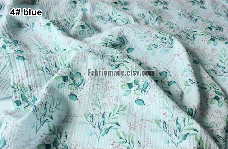 Floral Crinkle Gauze Fabric – Red Green Leaves Double Layer Cotton, 1/2 ...