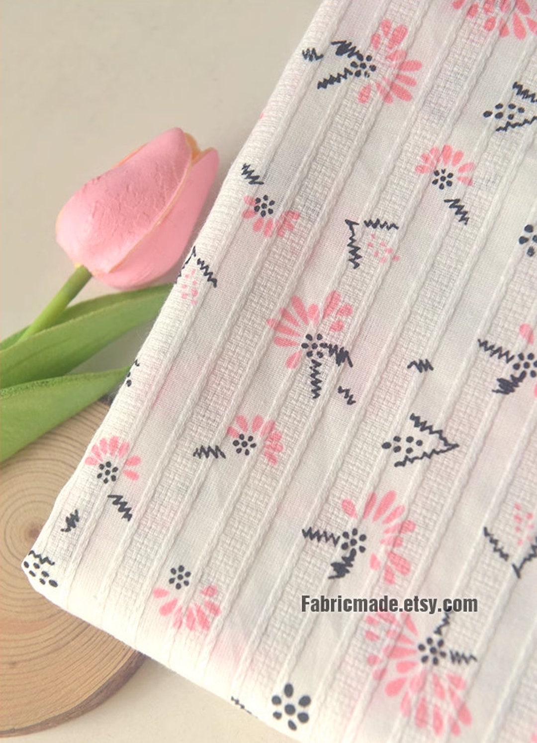 Pink Flower Jacquard Stripes Cotton Fabric - 1/2 Yard - Etsy