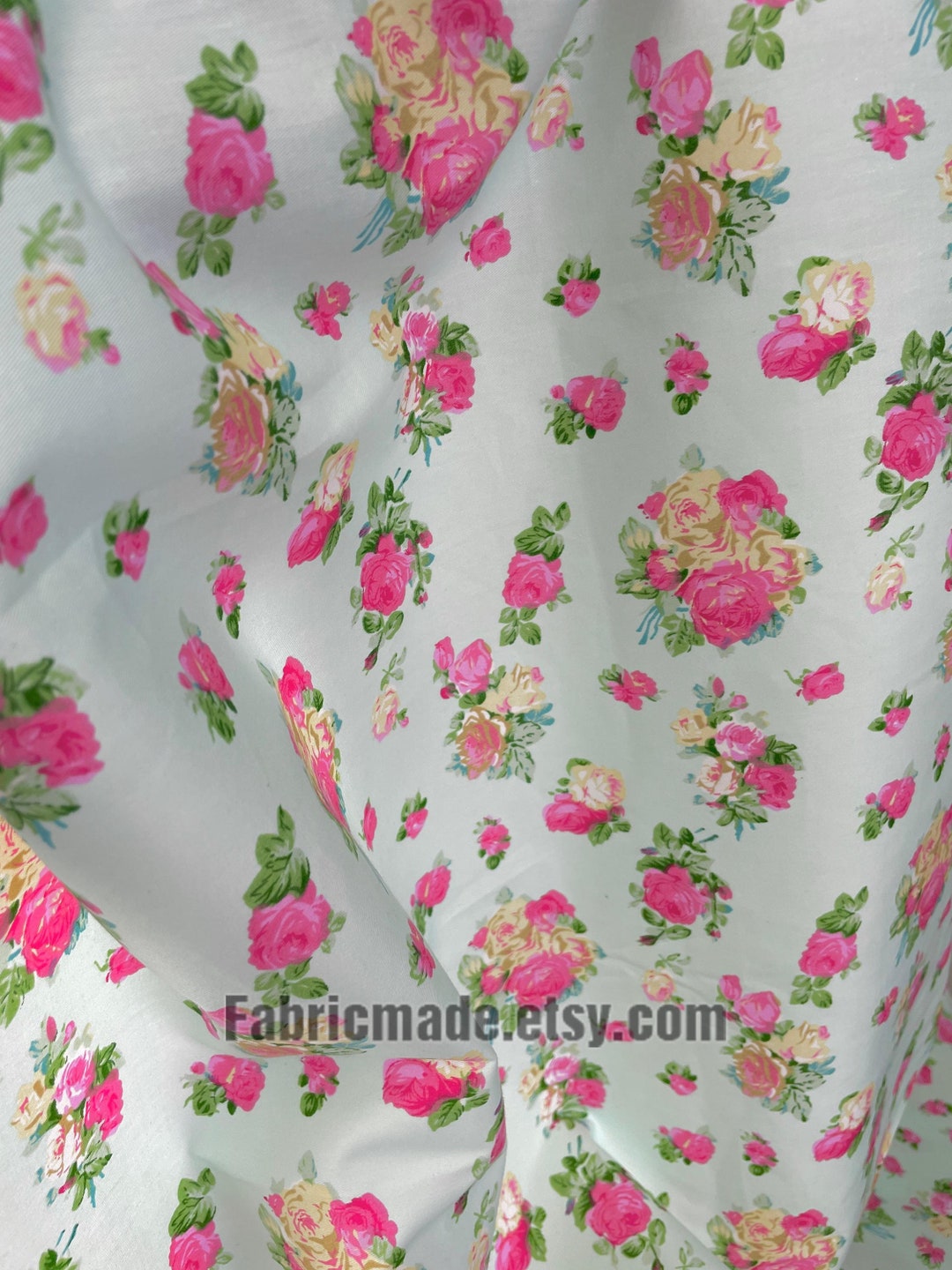 Shabby Pink Blue Rose Floral Fabric for Curtain Dress Fabric- 1/2 Yard ...