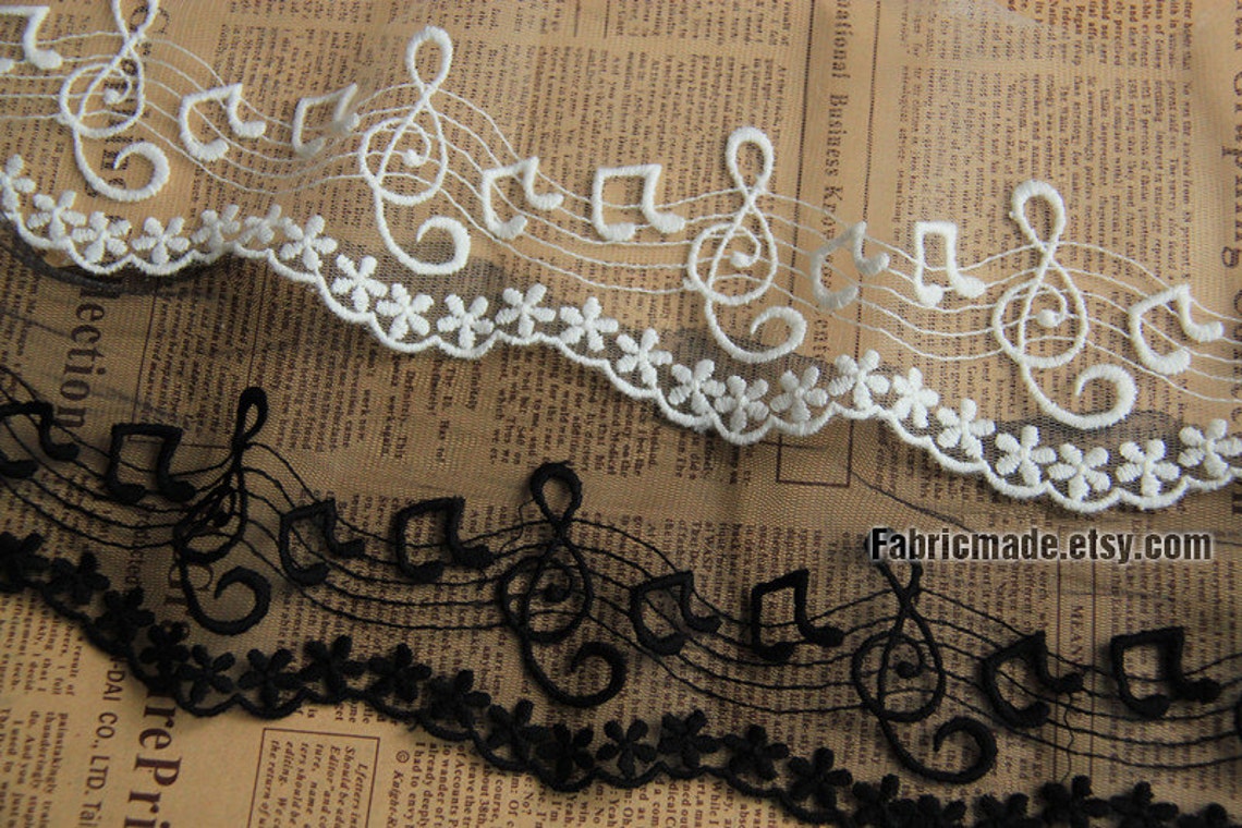 Black White Embroidery Lace Trim Bridal Lace Music Notes Lace Cotton ...
