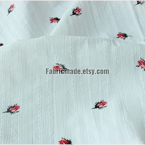 Red Rose Bud Cotton Fabric Jacquard Stripes in White Blue Pink - 1/2 ...