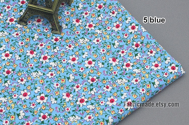 Little White Flower Cotton Fabric in Pink Navy Blue Yellow Green- 1/2 ...