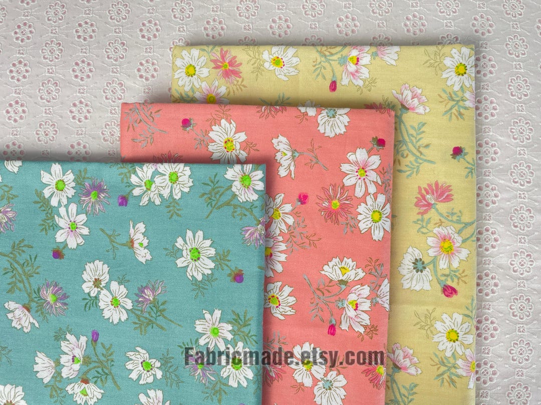 Daisy Floral Cotton Fabric – Light Blue, Pink, Yellow, Sewing Quilting ...