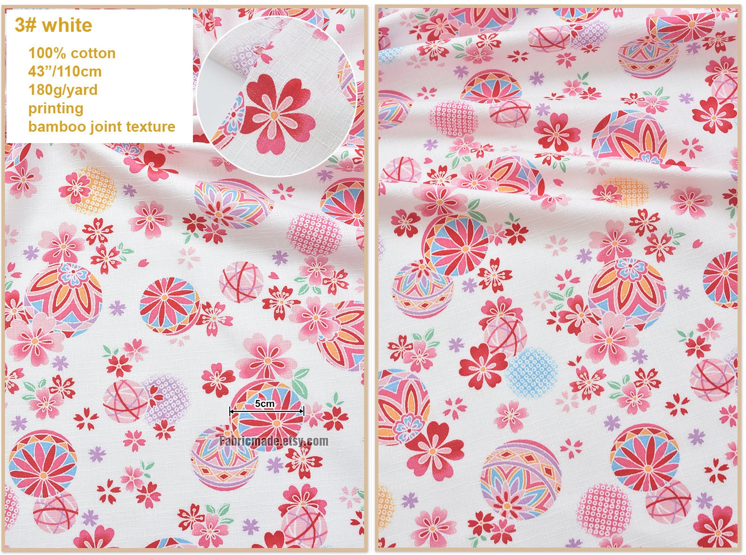 Japanese Cotton Fabric Pink Sakura Balls Gold Fish Bamboo | Etsy