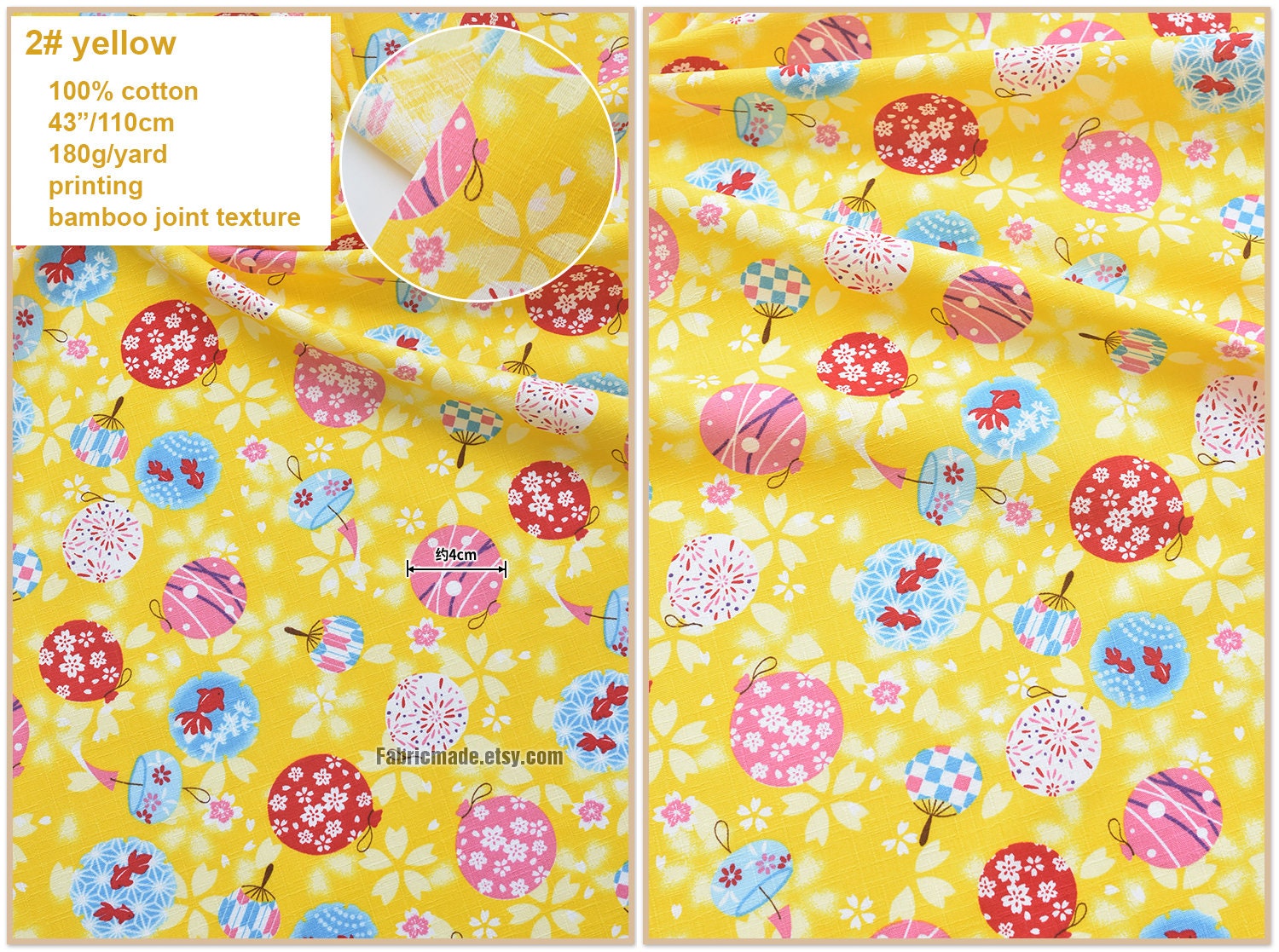 Japanese Cotton Fabric Pink Sakura Balls Gold Fish Bamboo | Etsy