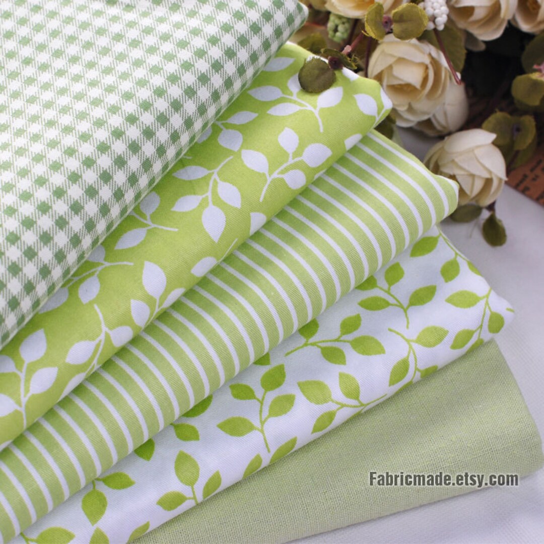 Spring Green Cotton Fabric, Light Green Plaid Stripe Leaf Solid Fabric ...