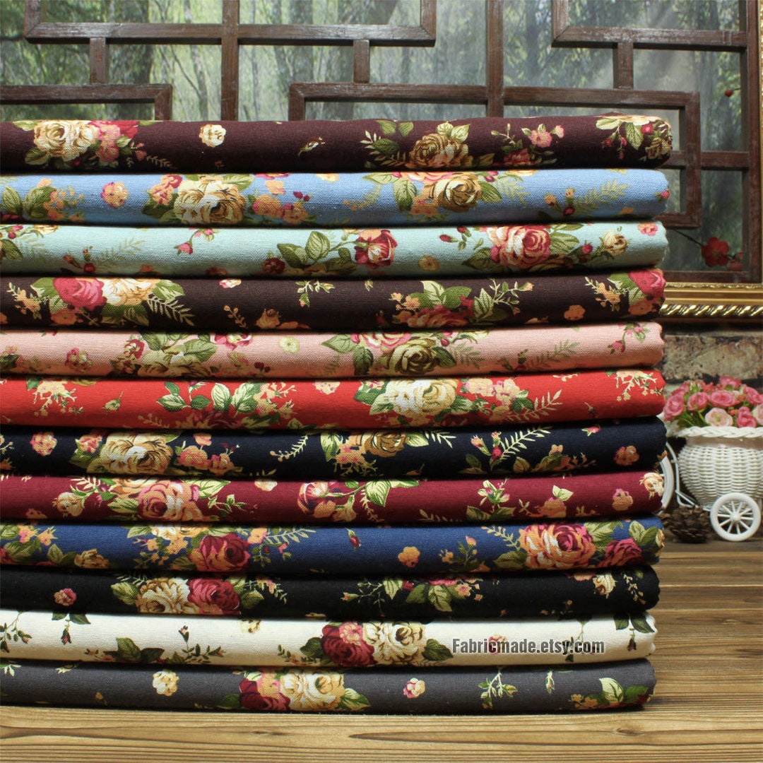 Floral Linen Cotton Blend Fabric, Vintage Rose Flower Linen Fabric for ...