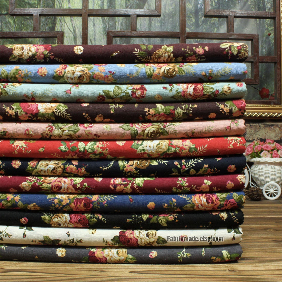 Vintage Rose Floral Linen Cotton Fabric, Sewing Craft Fabric - 1/2 Yard ...