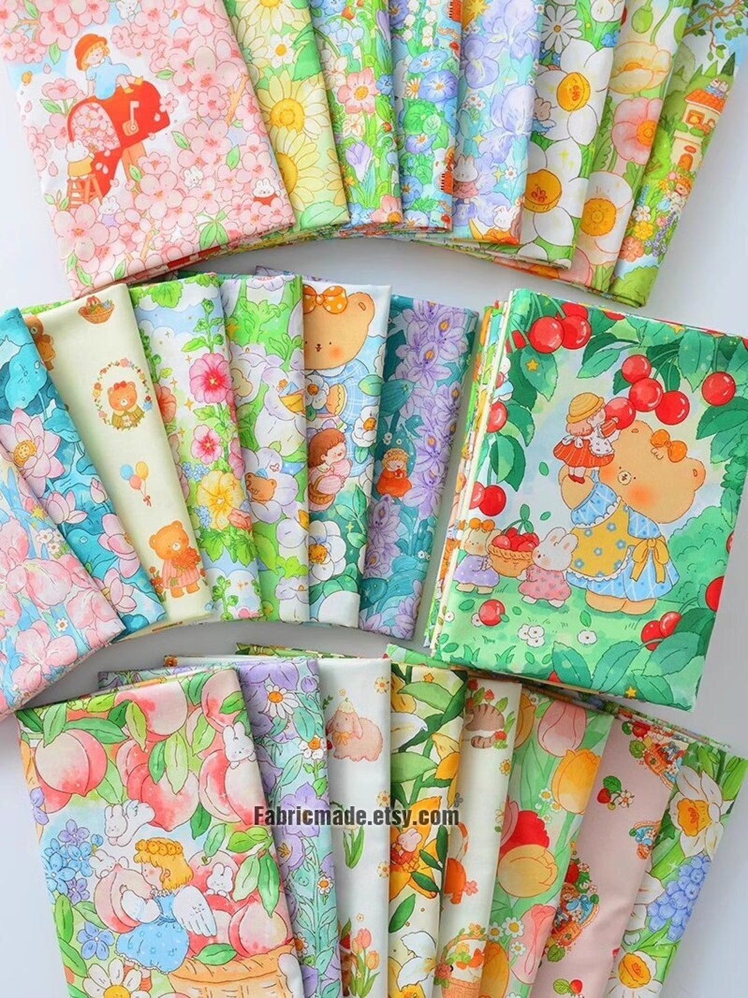 Bright Cartoon Cotton Fabric Cute Animals Floral Girls 100% Cotton ...