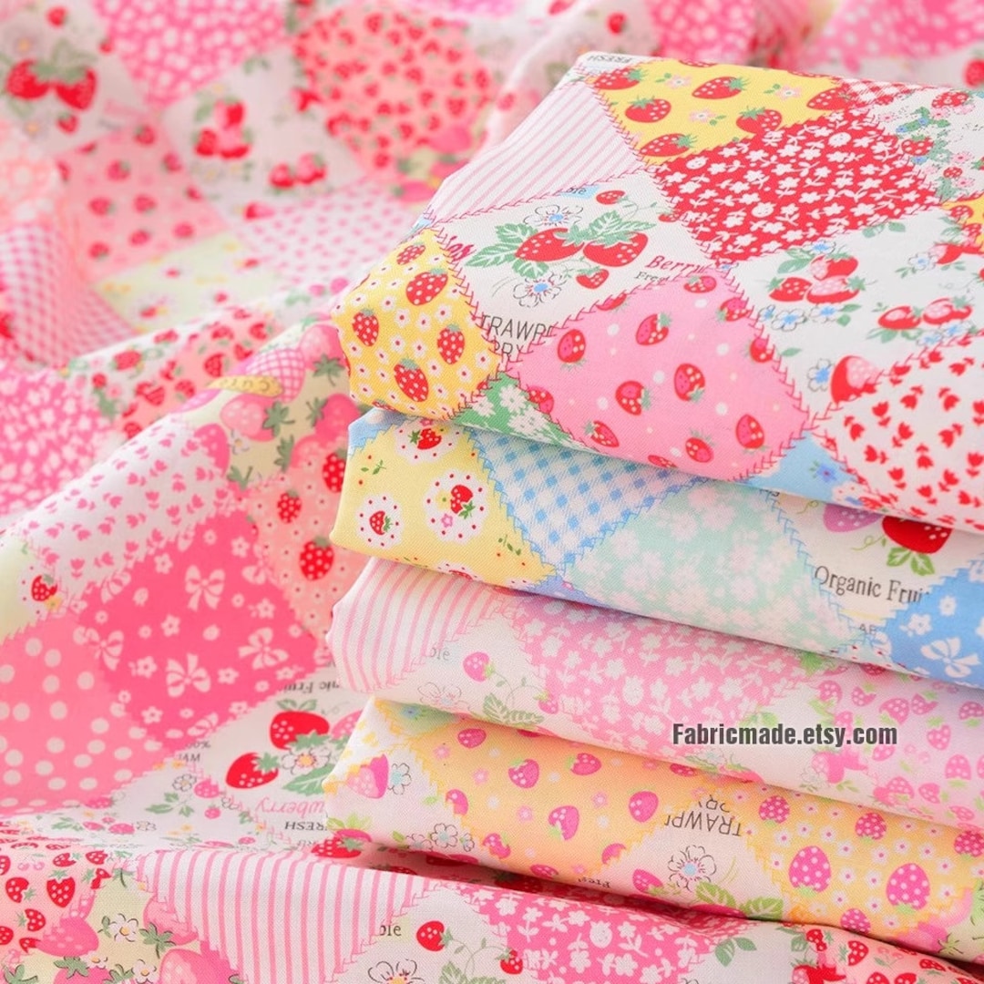 Shabby Chic Strawberry Floral Plaid Cotton Fabric Patchwork Style - 1/2 ...