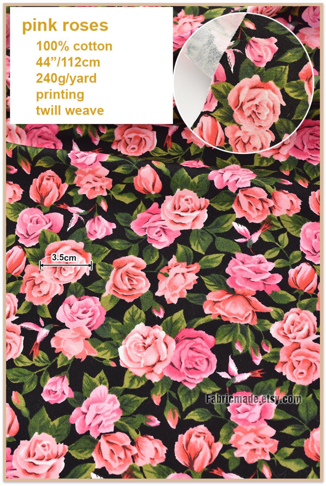 Twill Cotton Pink Roses Rose Bouquet Floral Cotton Fabric | Etsy