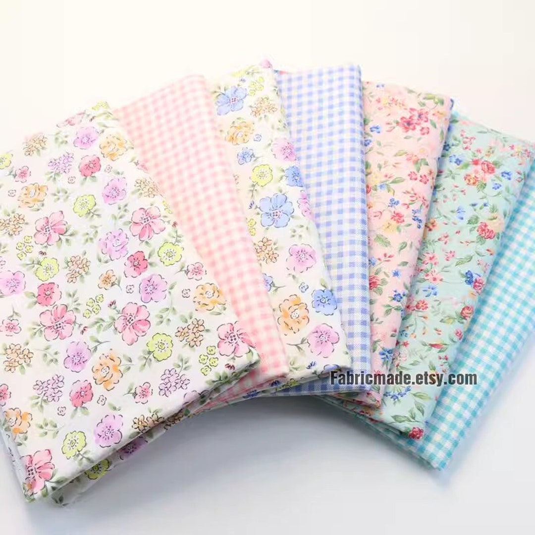 Little Pastel Flower Cotton Fabric Pink Blue Floral Gingham Fabric ...