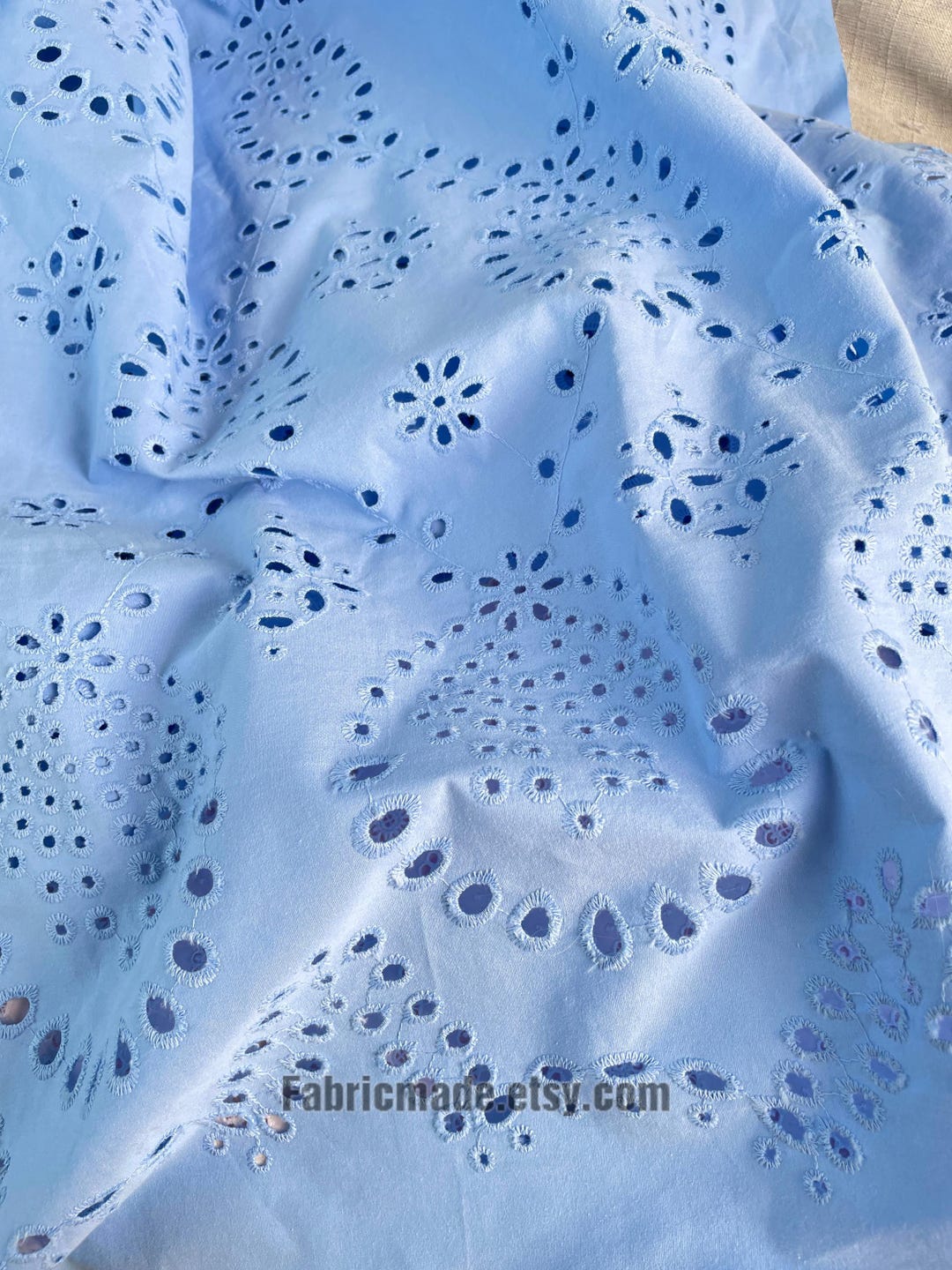 Blue Embroidered Cotton Fabric, Eyelet Lace Border Embroidery Fabric ...
