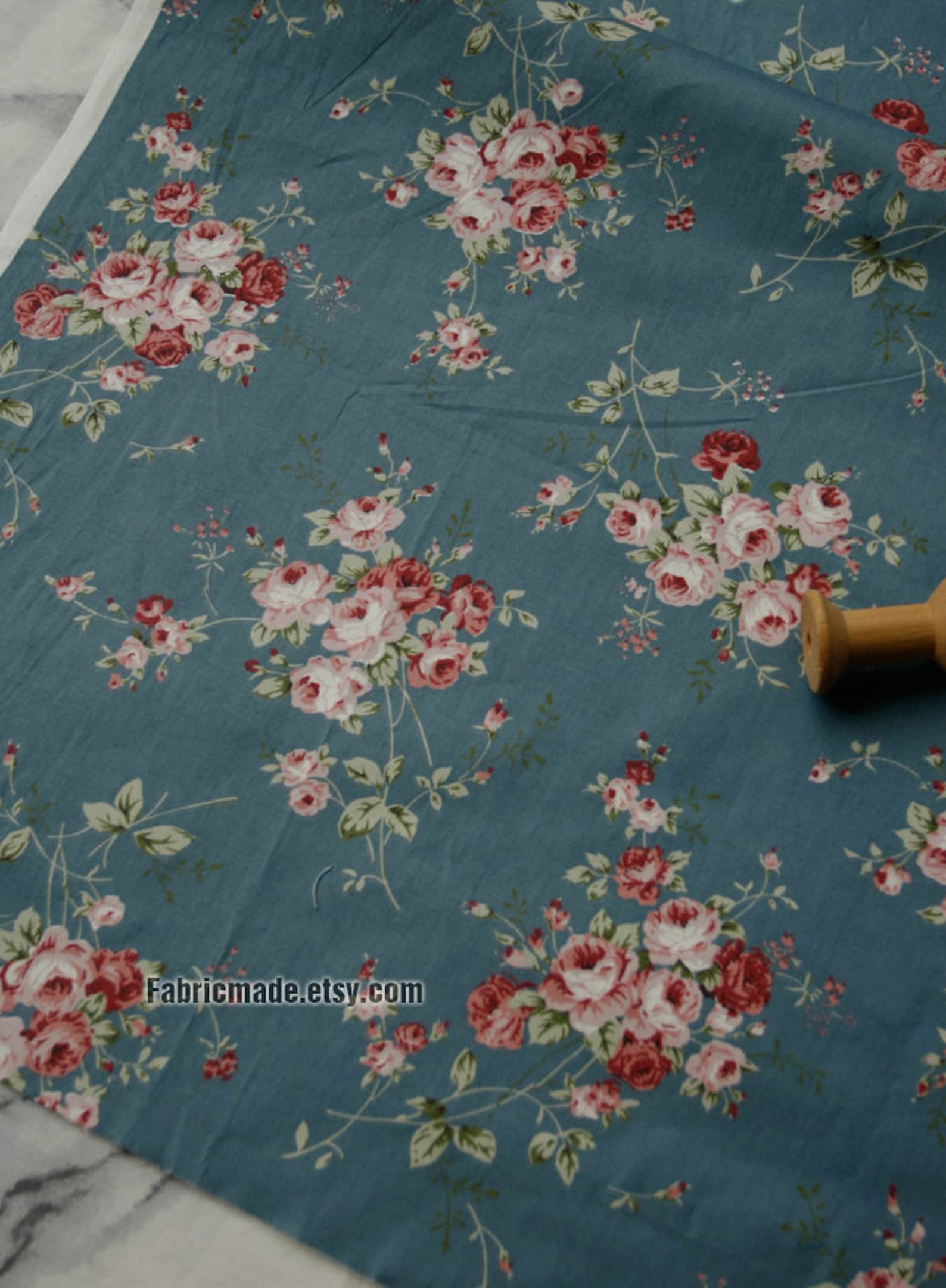 Rose Cotton Fabric Pink Red Rose on Ivory Blue Cotton Shabby | Etsy