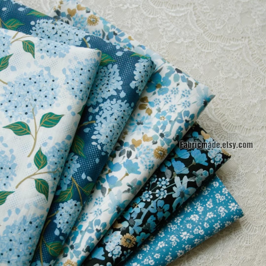 Blue Hydrangea Floral Cotton Fabric, Blue Flower Cotton Fabric - 1/2 ...