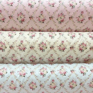 Pink Rose Floral Flower Cotton Fabric on Pink Cream Blue - 1/2 Yard - Etsy