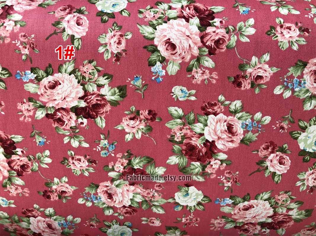 Pink Rose Floral Cotton Fabric - Red & Black, Quilting Craft (1/2 Yard ...