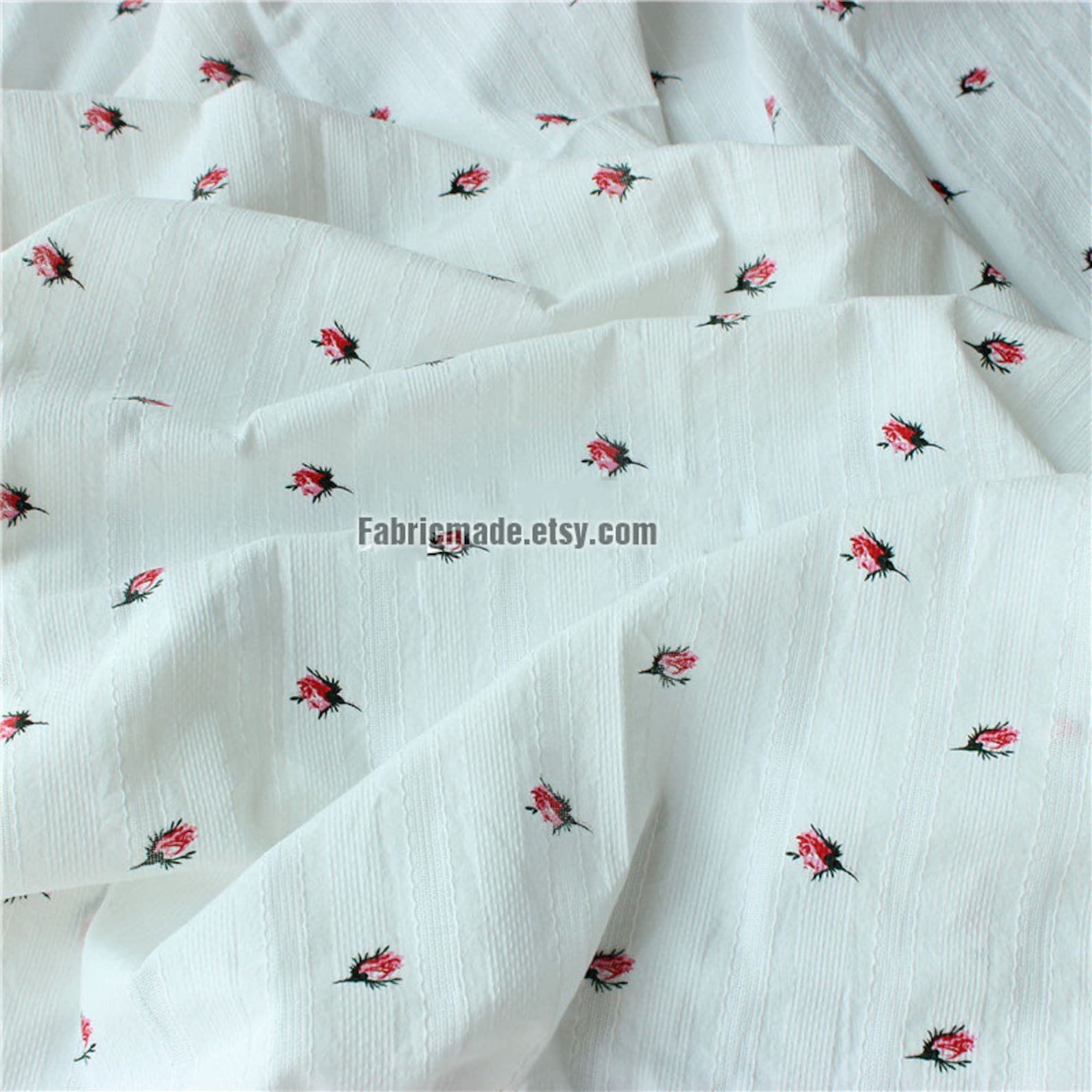 Red Rose Bud Cotton Fabric Jacquard Stripes in White Blue Pink - Etsy