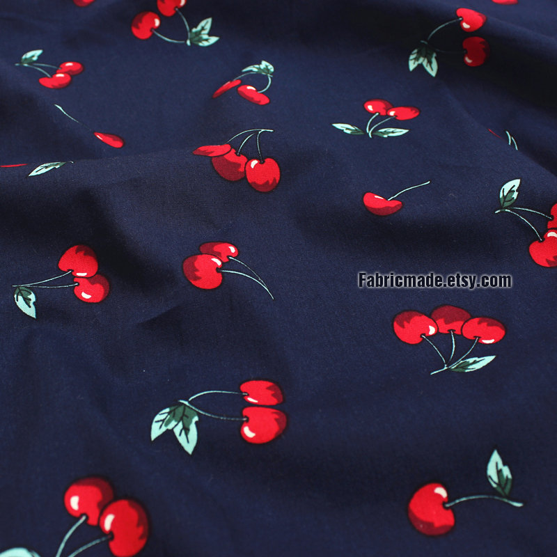 Red Cherry Fabric Red Cherry on Navy Blue off White Cotton | Etsy