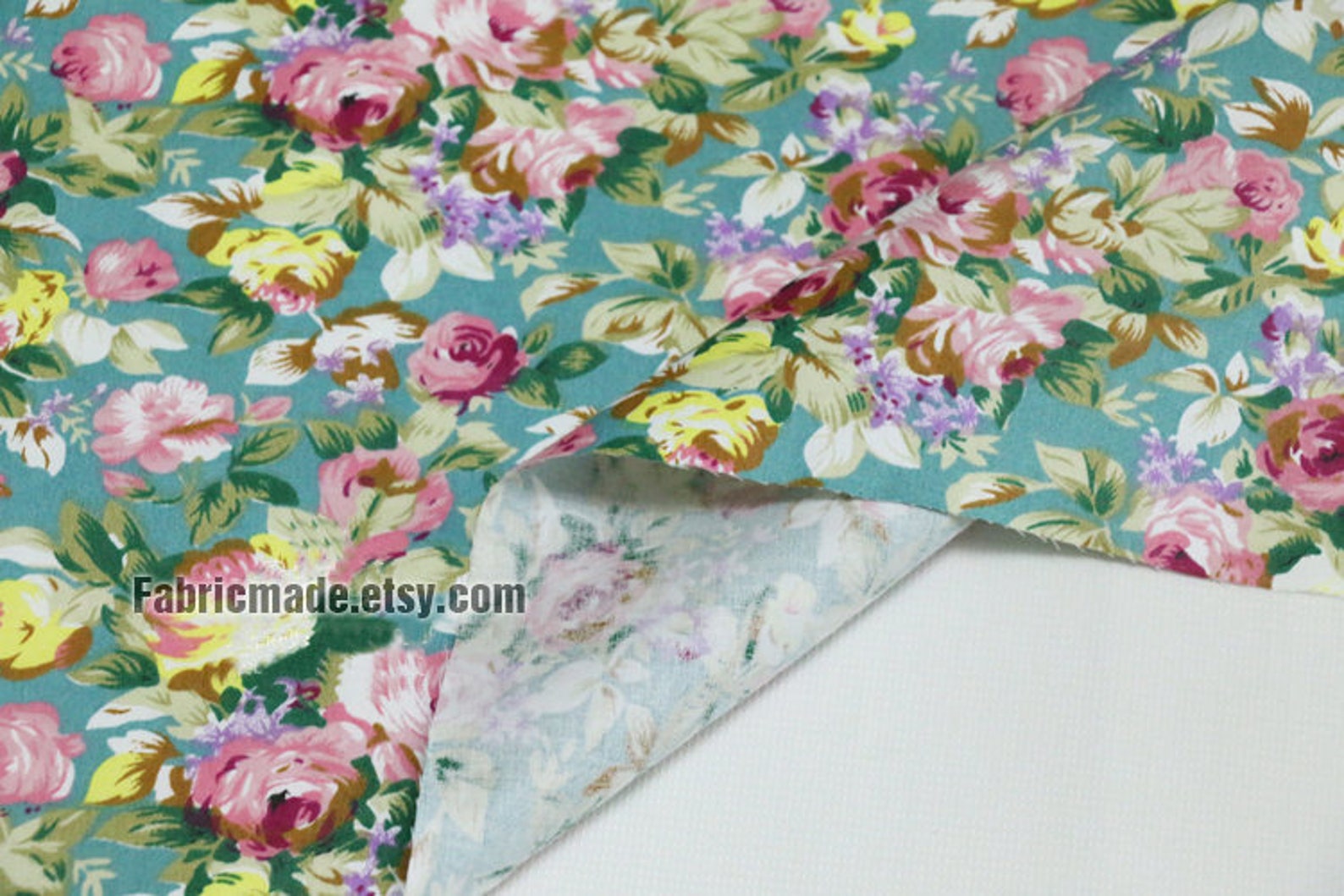 Rose Flower Fabric, Green Cotton Pink Yellow Rose White Daisy Flower ...