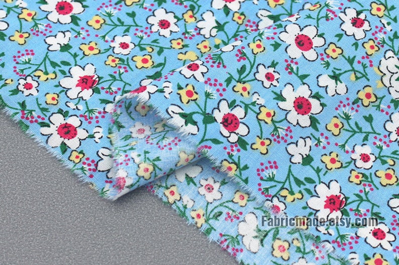 Little White Flower Cotton Fabric in Pink Navy Blue Yellow Green- 1/2 ...