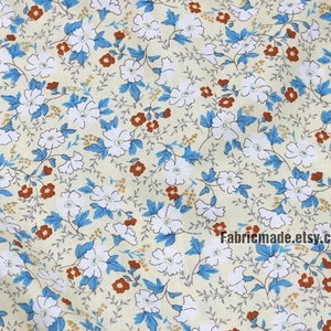 Little White Flower Cotton Fabric on Blue Pink Yellow Cotton - 1/2 Yard ...