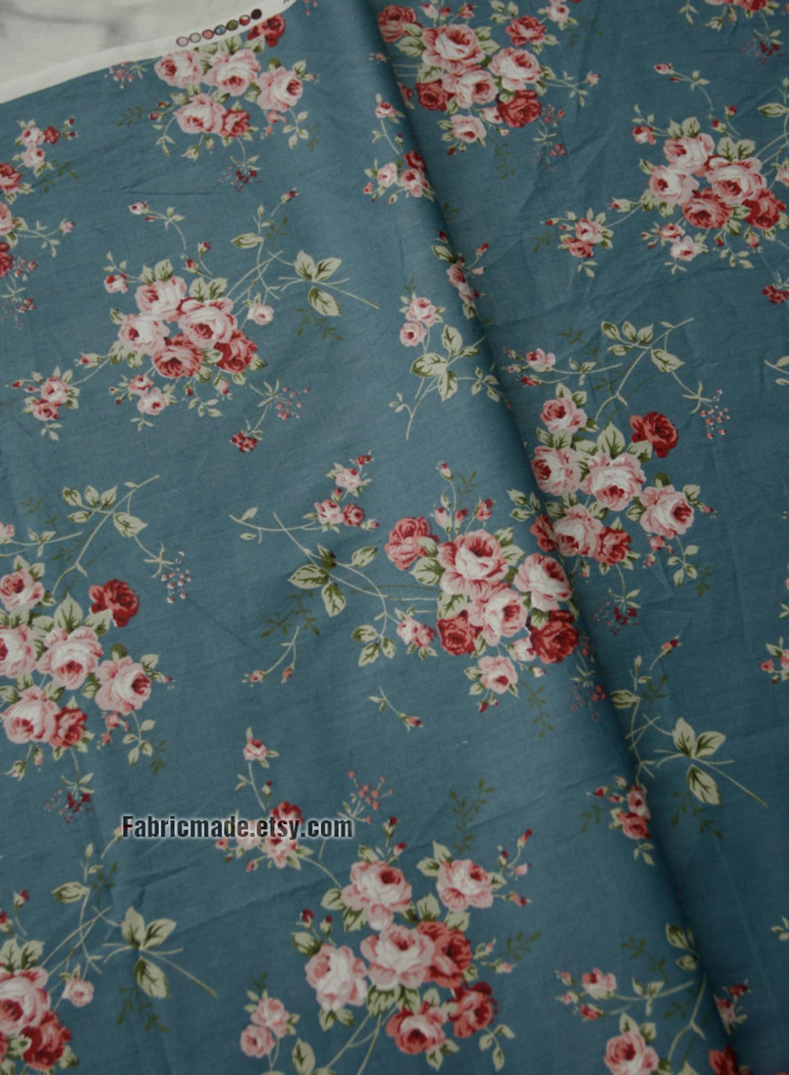 Rose Cotton Fabric Pink Red Rose on Ivory Blue Cotton Shabby - Etsy