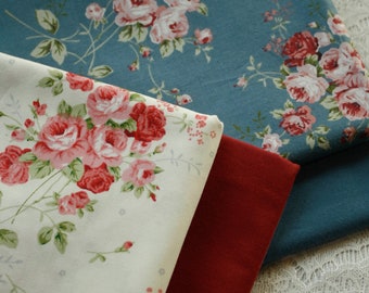 Pink Rose Floral Flower Cotton Fabric on Pink Cream Blue 1/2 Yard - Etsy