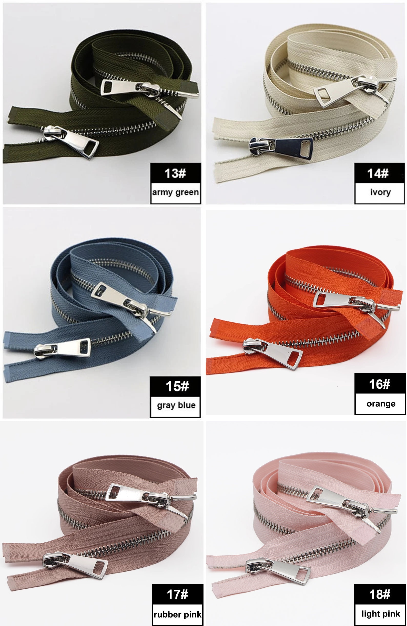 21 Colors - Long Silver Teeth Heavy Zippers, Two Ways Metal Zippers for ...