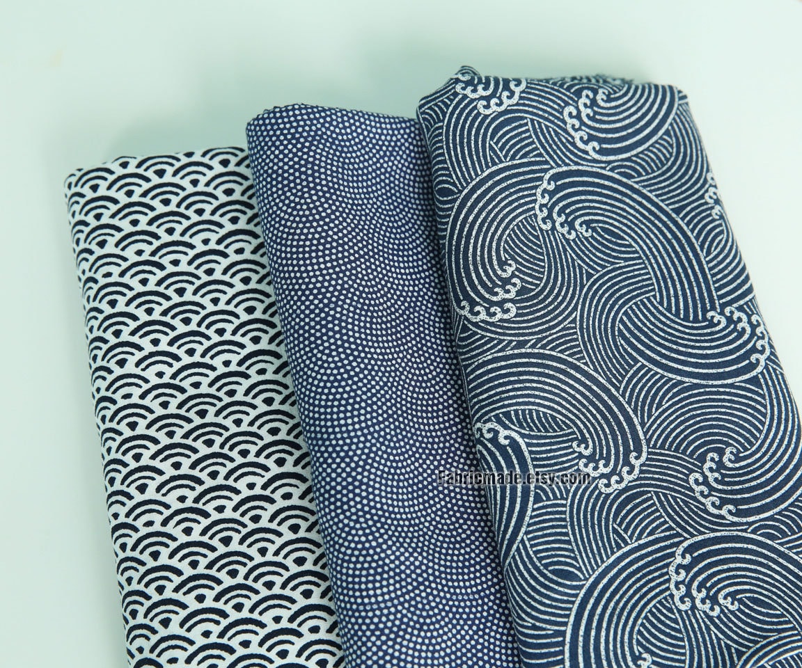 Vintage Navy Blue Cotton Fabric Fabric Navy Fabric With Wave | Etsy