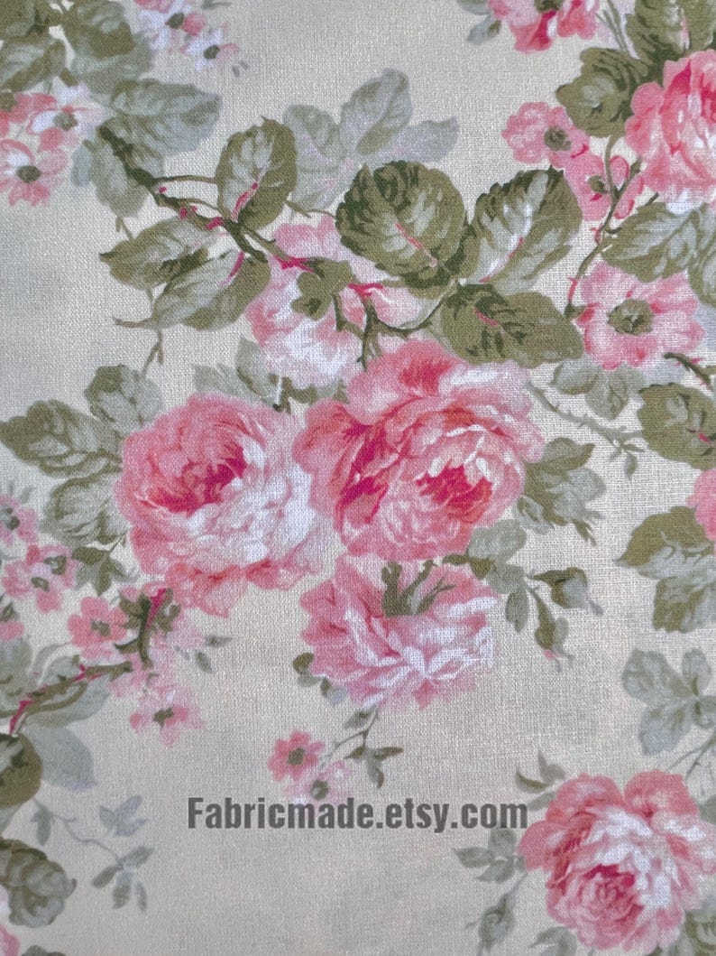 Victoria Roses Floral Cotton Fabric Pink Rose on Cream Cotton - 1/2 ...