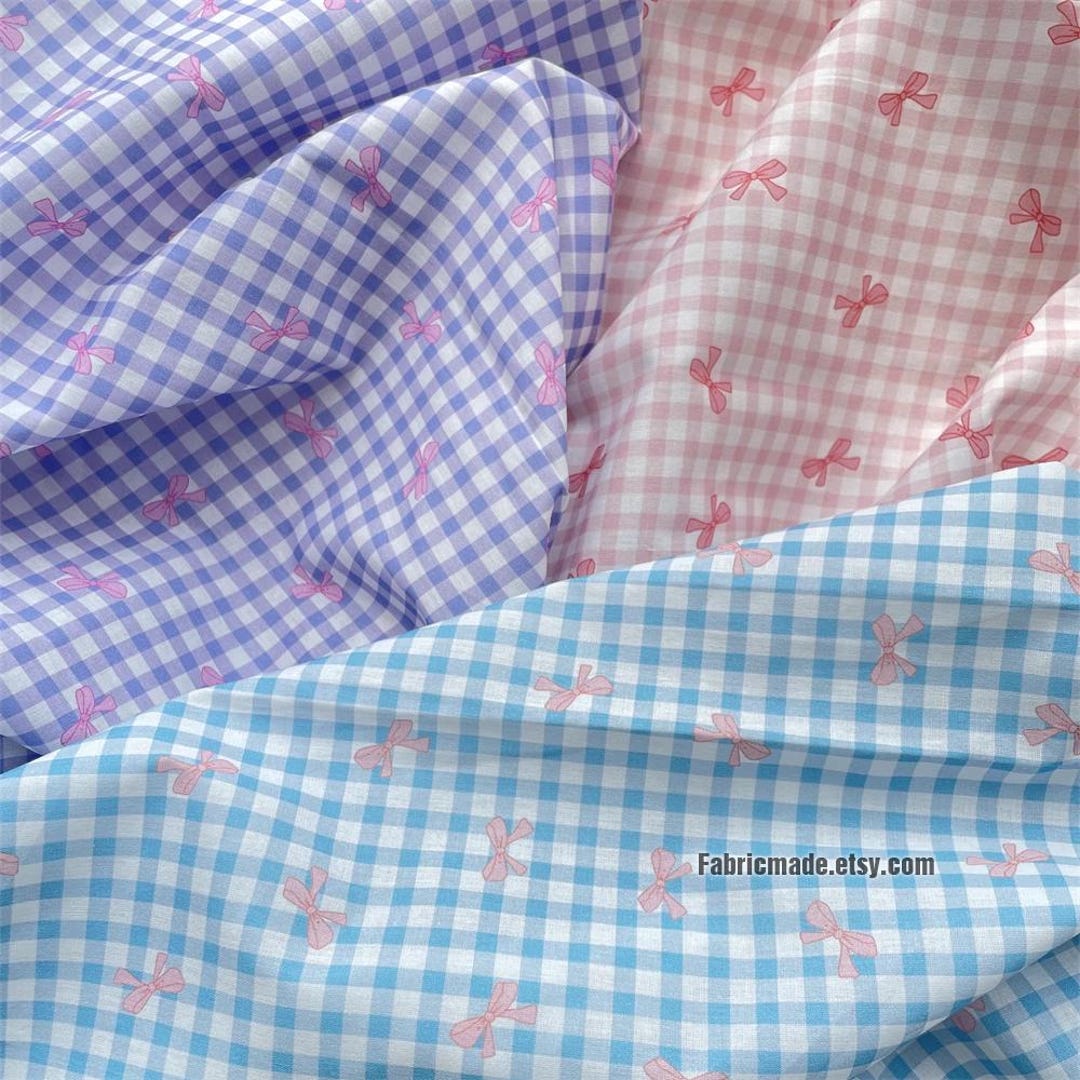 Gingham Cotton Fabric With Bows – Pink, Blue, Purple (1/2 Yard) - Etsy