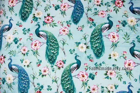 Blue Green Peacock & Floral Cotton Fabric Blue Cotton Pink | Etsy
